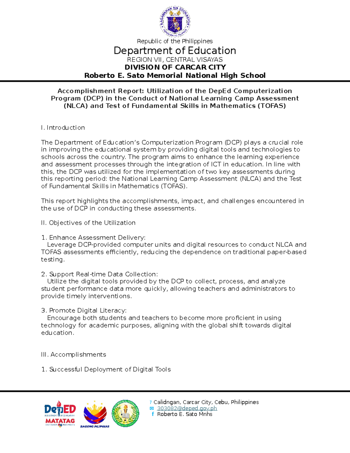 DCP Utilization Accomplishment Report - Department of Education REGION ...