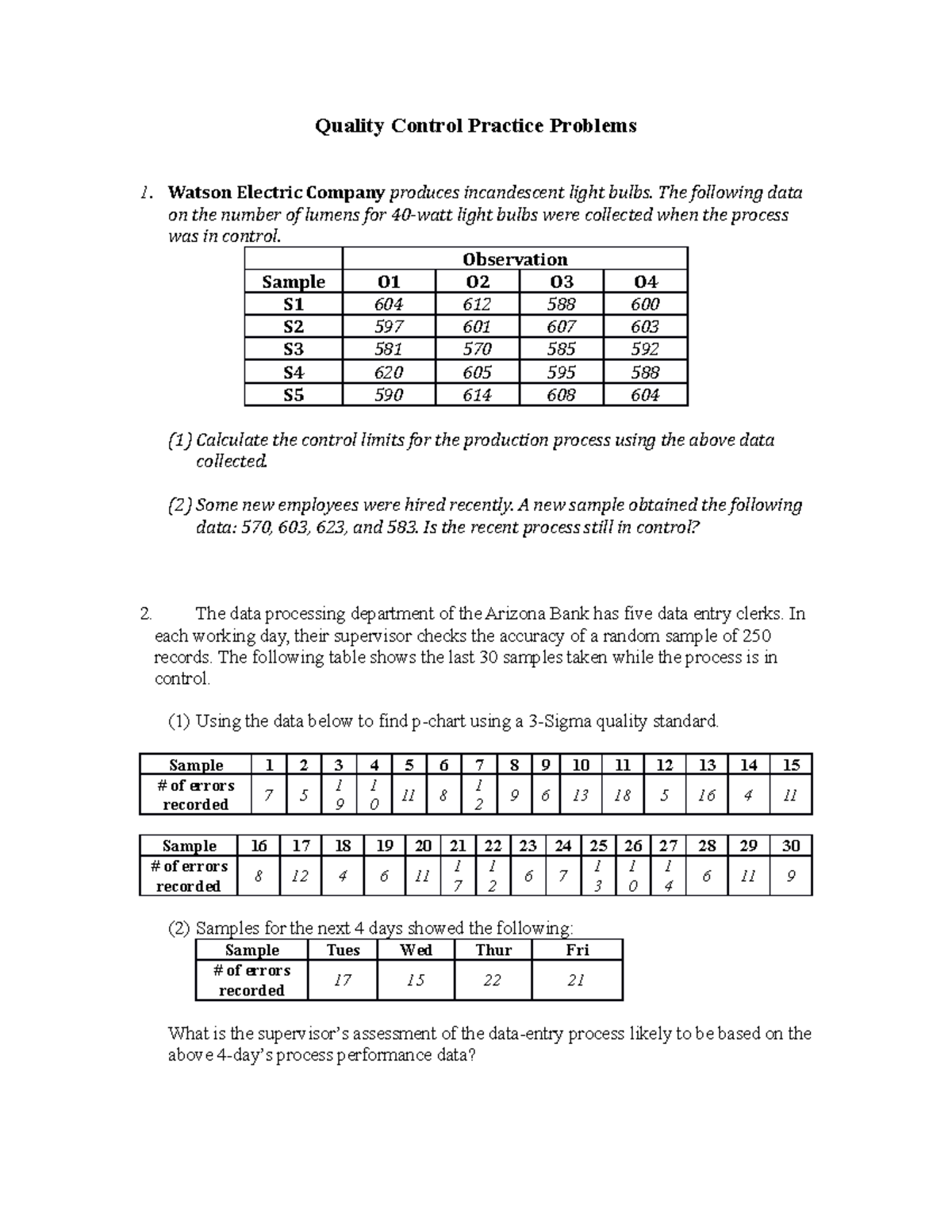 Quality Practice Problems - Quality Control Practice Problems 1. Watson ...
