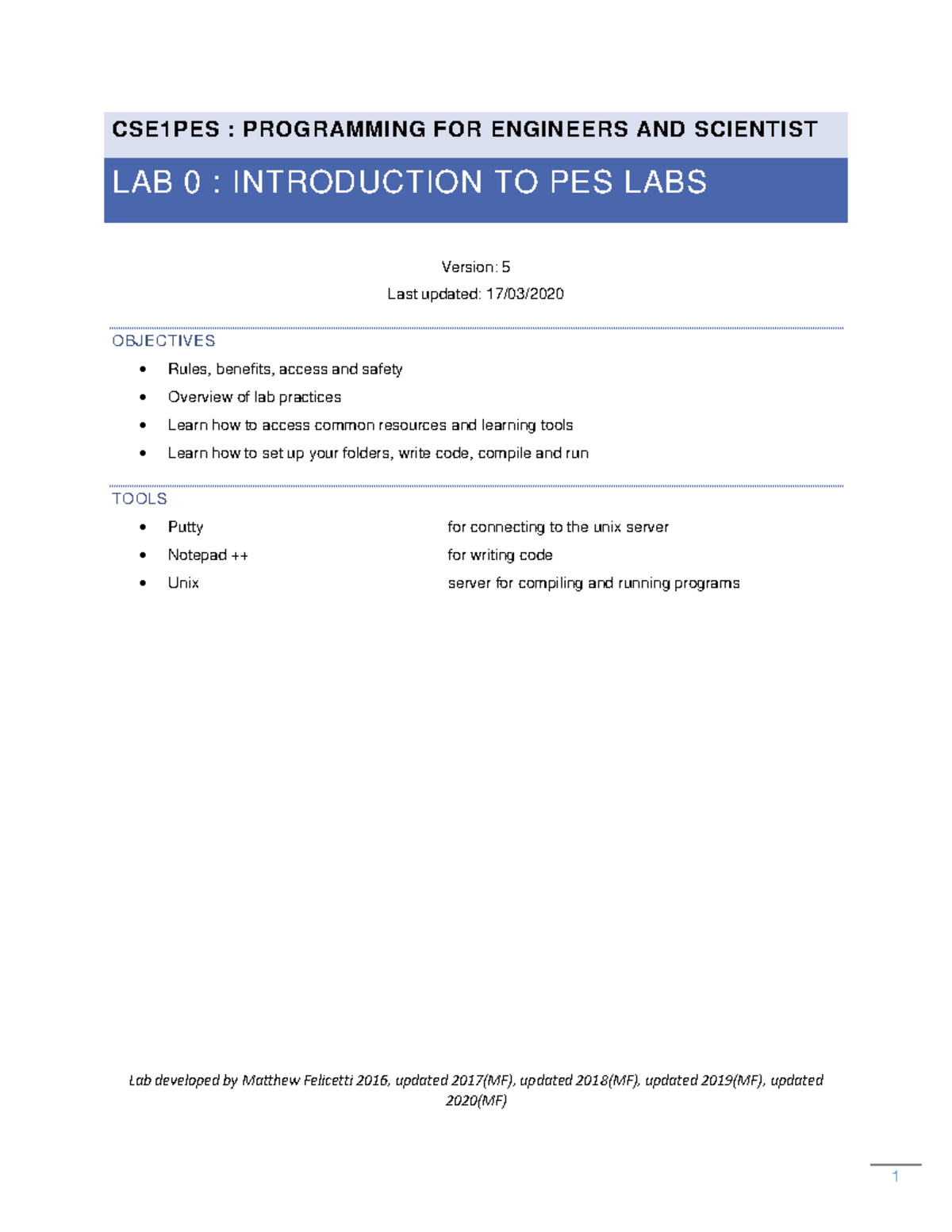 Introduction to PES LABS CSE1PES lab 1 - CSE1PES : PROGRAMMING FOR ENGINEERS AND SCIENTIST LAB 0 ...