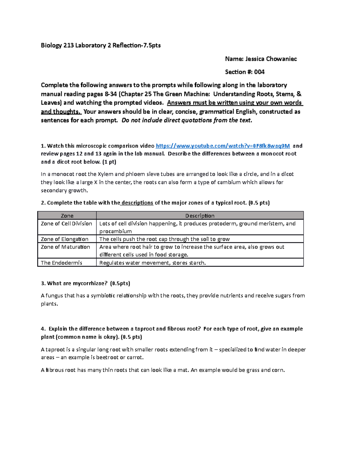 Biology 213 Lab 2 - Biology 213 Laboratory 2 Relecion-7 Name: Jessica Chowaniec Secion #: 004 ...