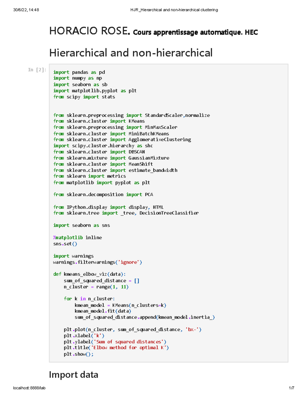 HJR Hierarchical and non hierarchical clustering - HORACIO ROSE. Cours ...