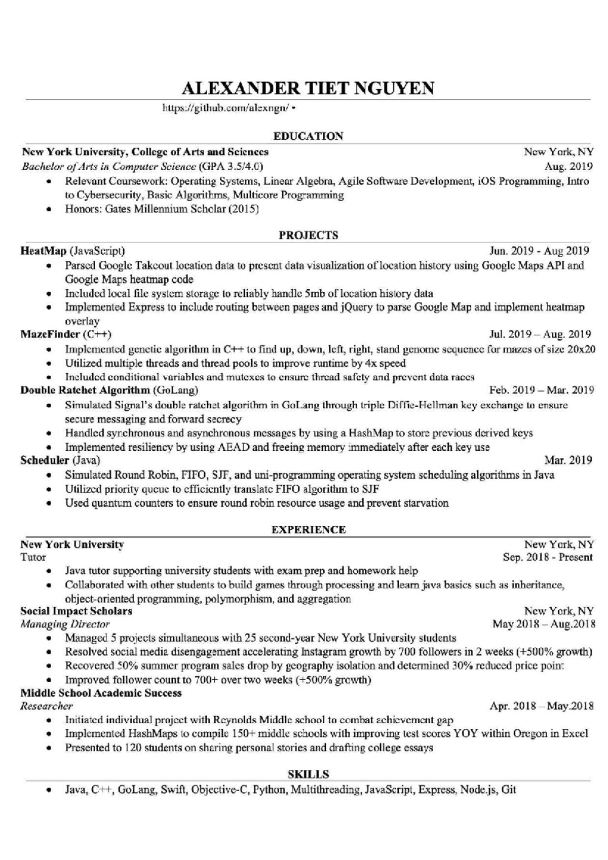 Resume template linked In - ALEXANDER TIET NGUYEN EDUCATION New York ...