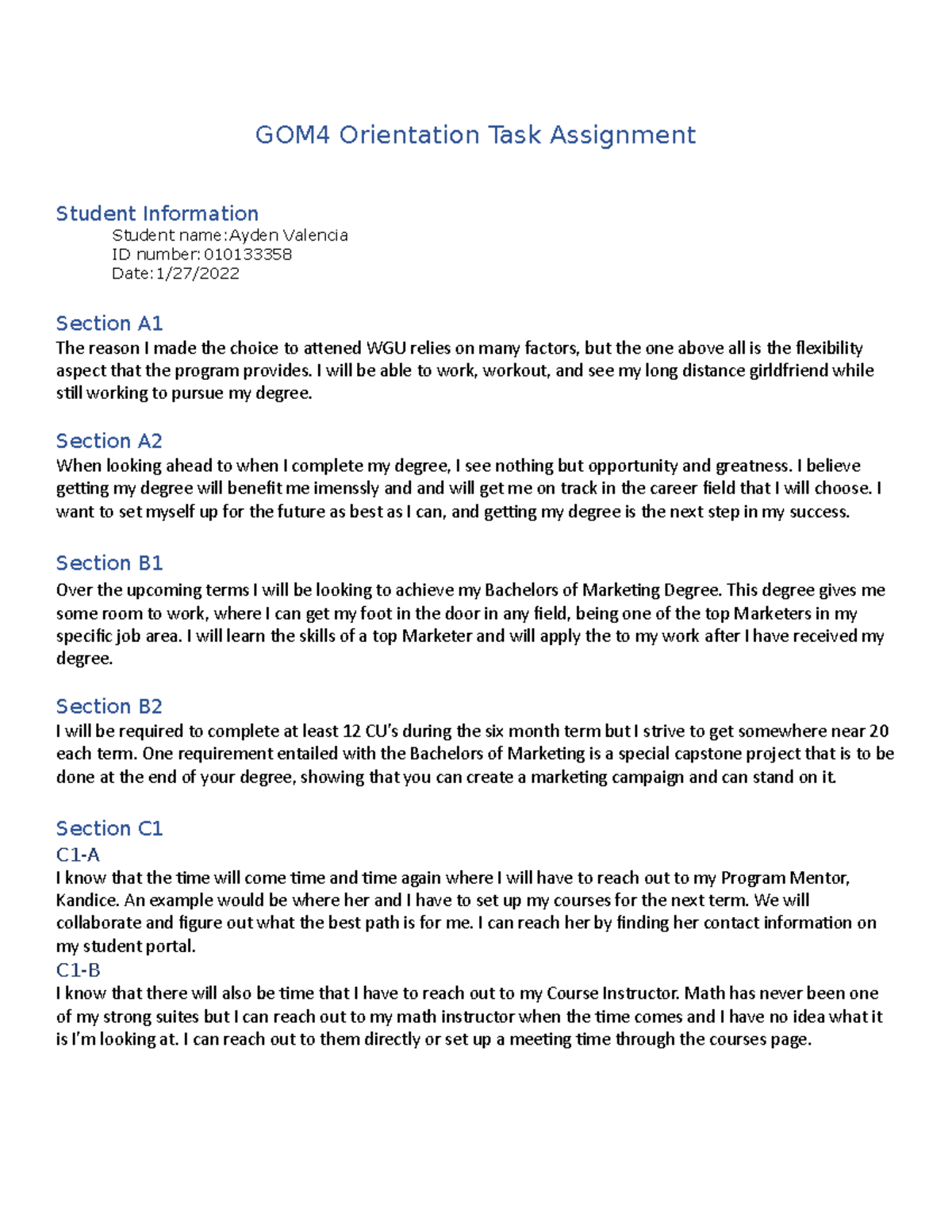 Orientation Task Template - GOM4 Orientation Task Assignment Student Information Student name ...