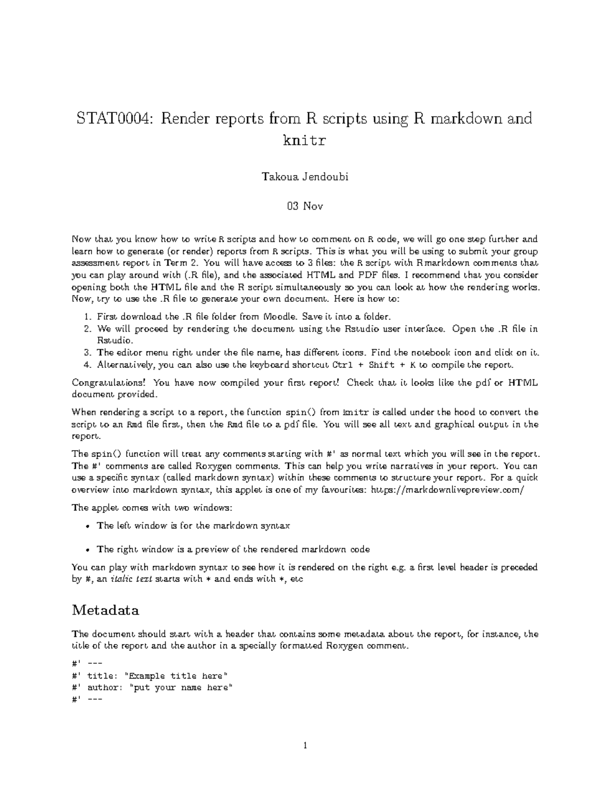 Introduction To Rmarkdown Stat0004 Render Reports From R Scripts Using R Markdown And Knitr