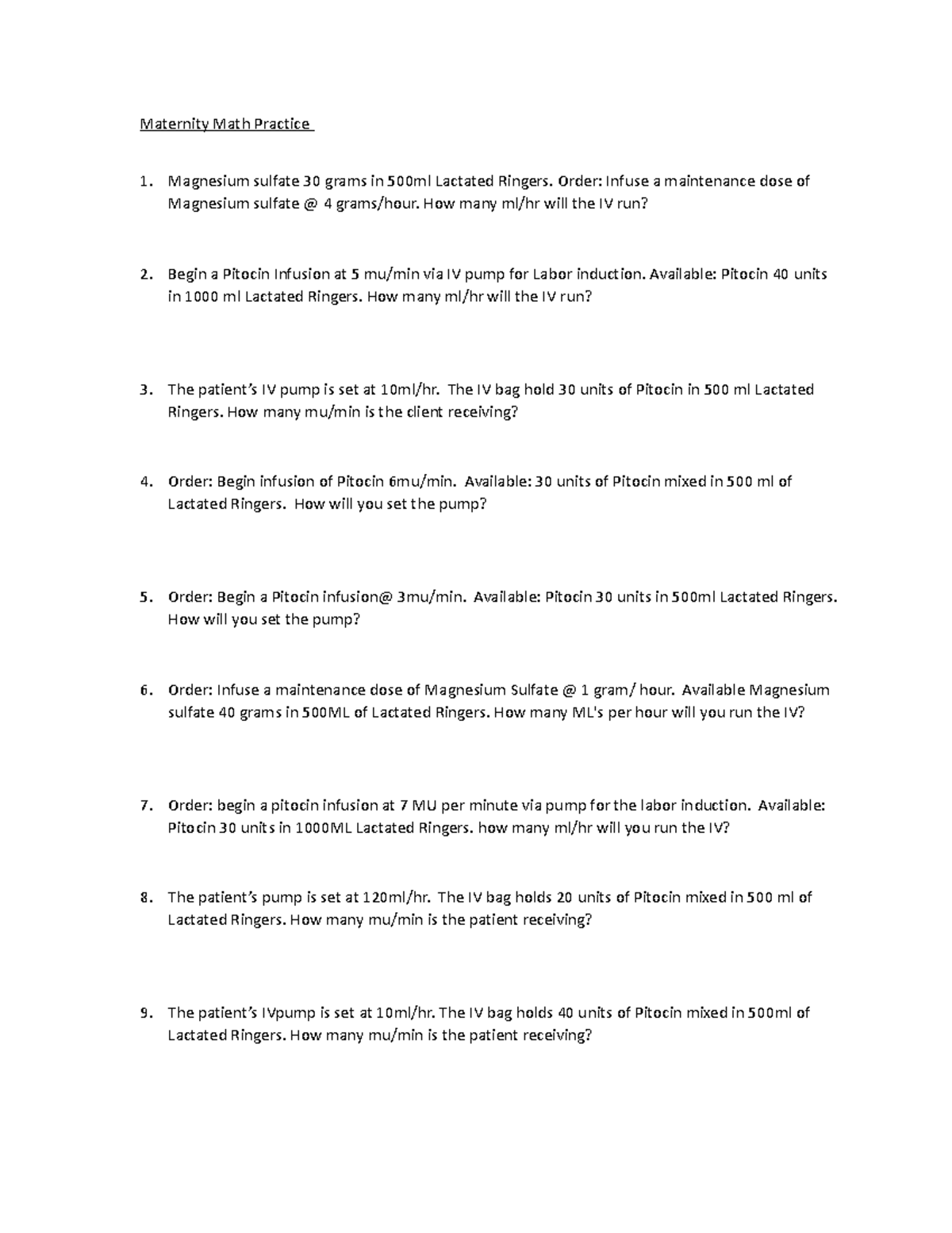 Maternity Practice Math Answers - Maternity Math Practice Magnesium ...