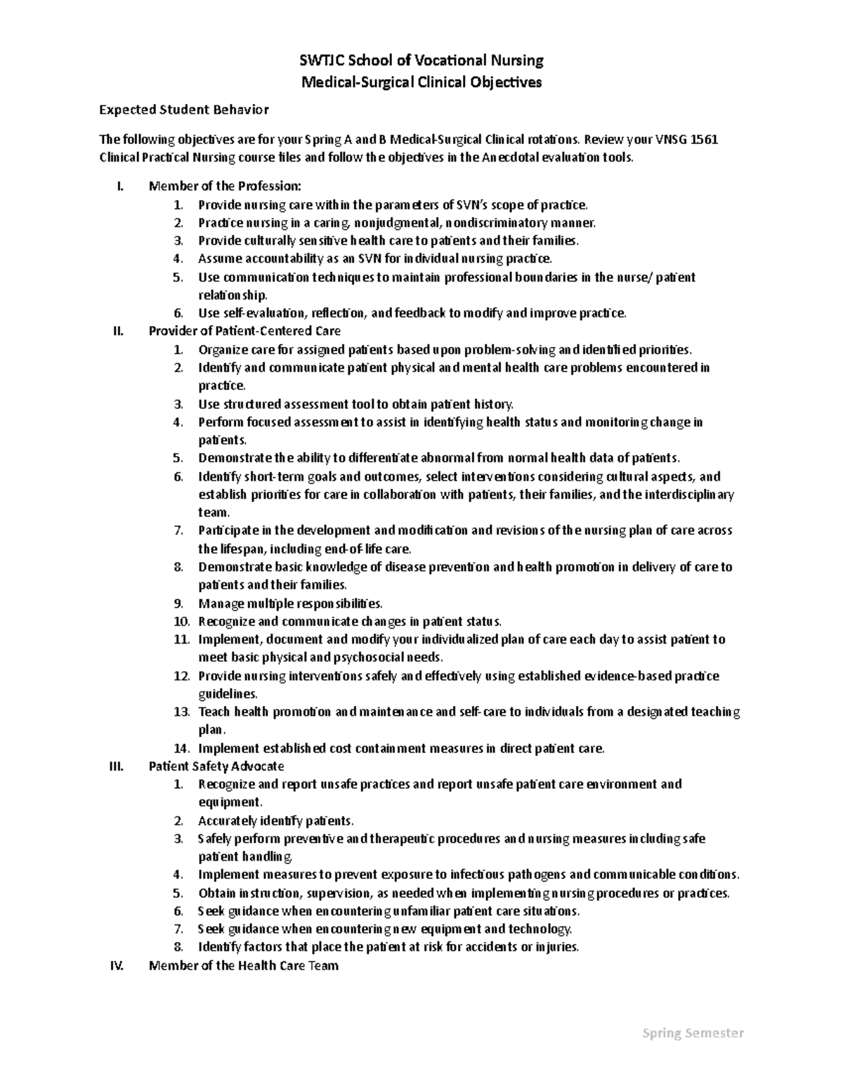 Medical-Surgical Objectives (Spring) - SWTJC School of Vocational ...