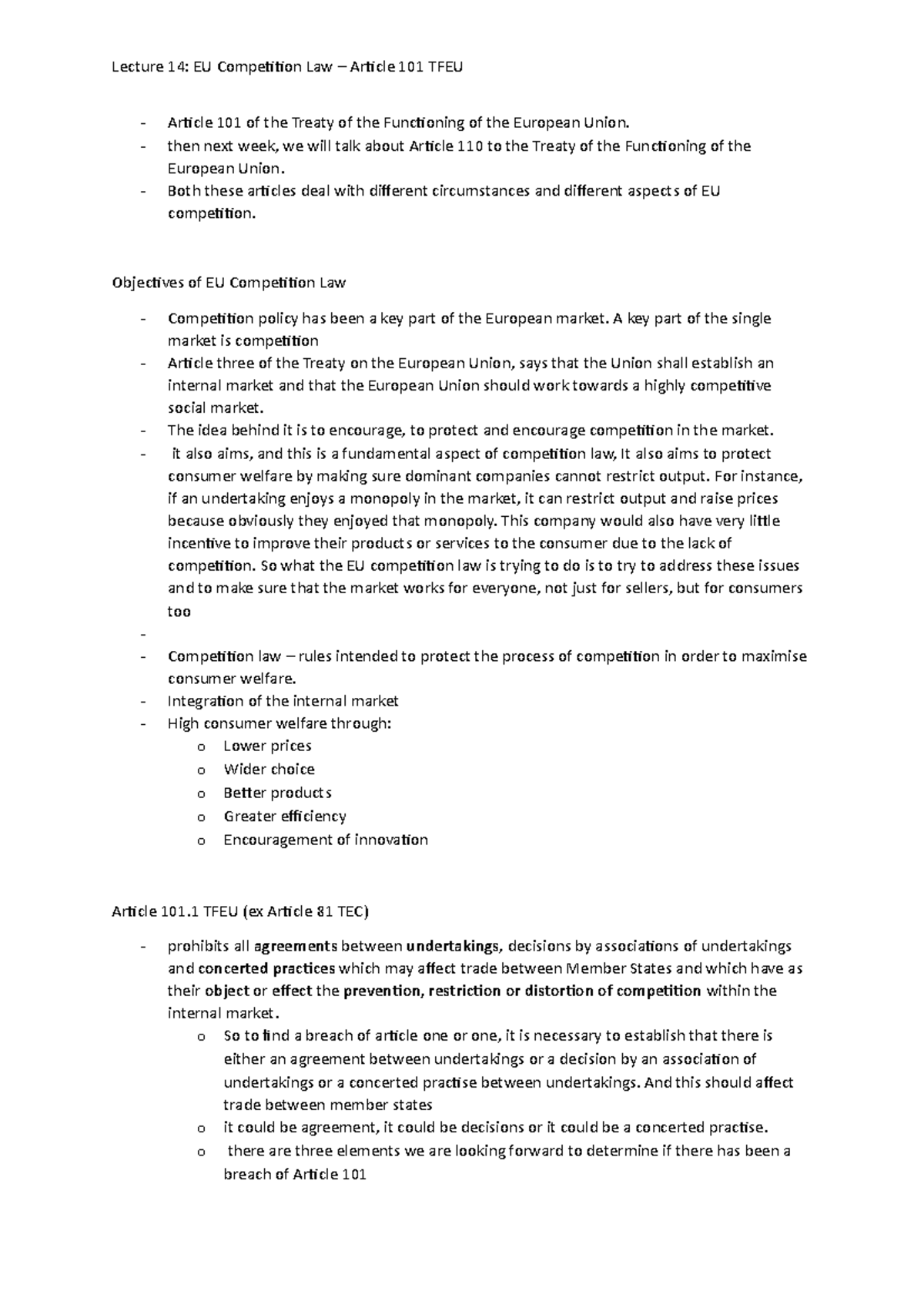 Lecture 14 - EU Competition law - Article 101 TEFU - Article 101 of the Treaty of the ...