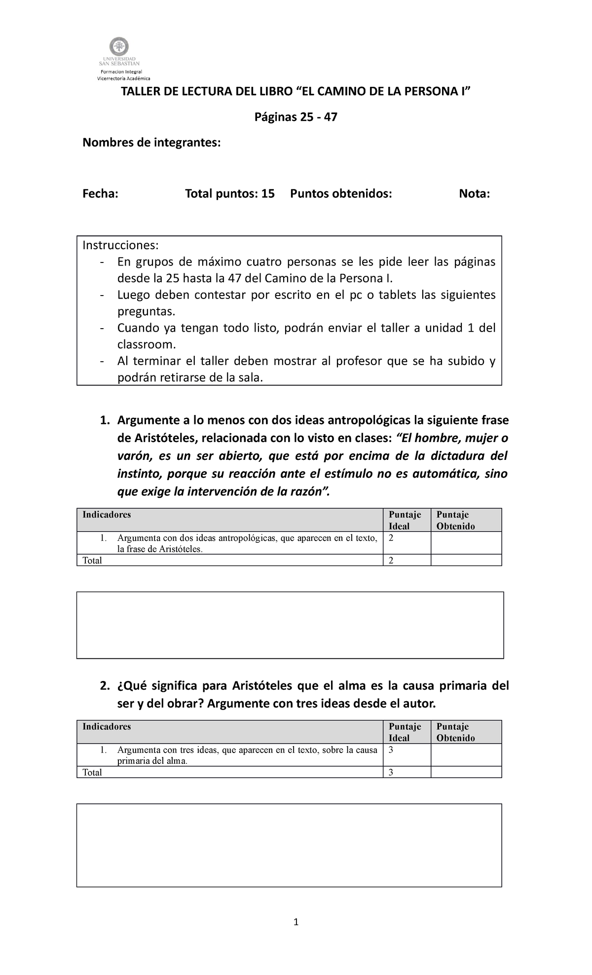 Taller I DE Lectura DEL Libro EL Camino DE LA Persona - TALLER DE ...