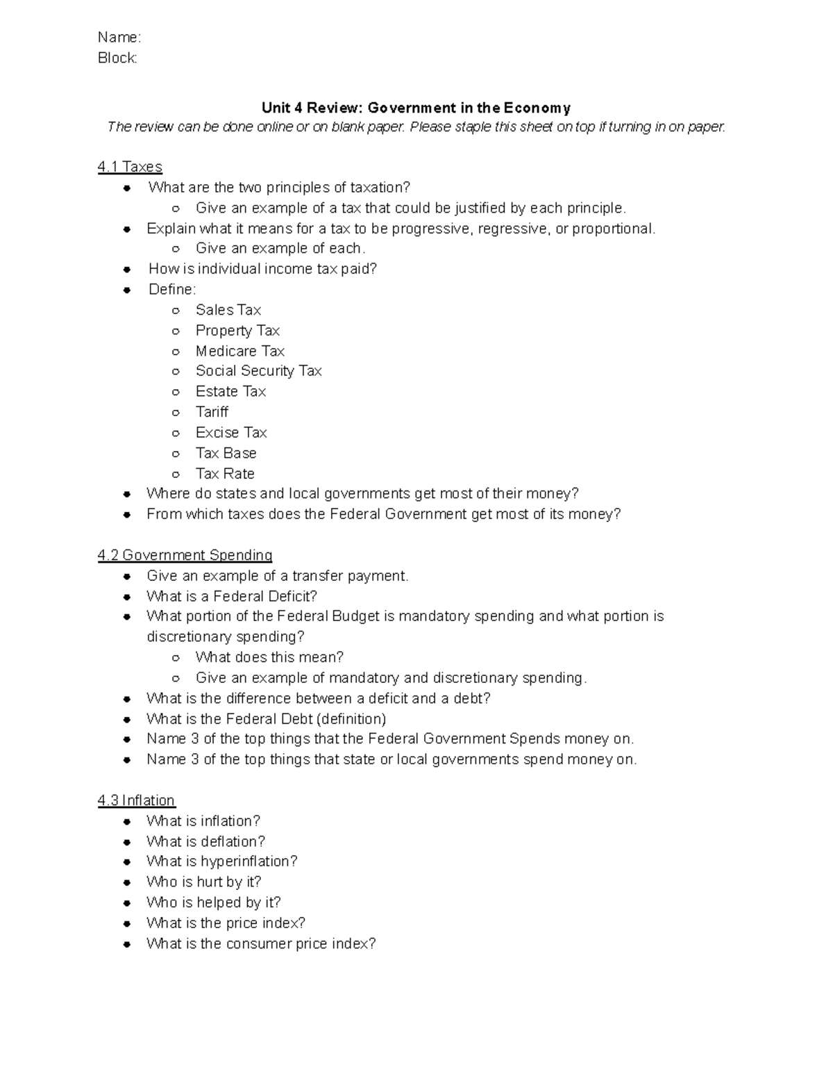 Test Review - Name: Block: Unit 4 Review: Government in the Economy The ...