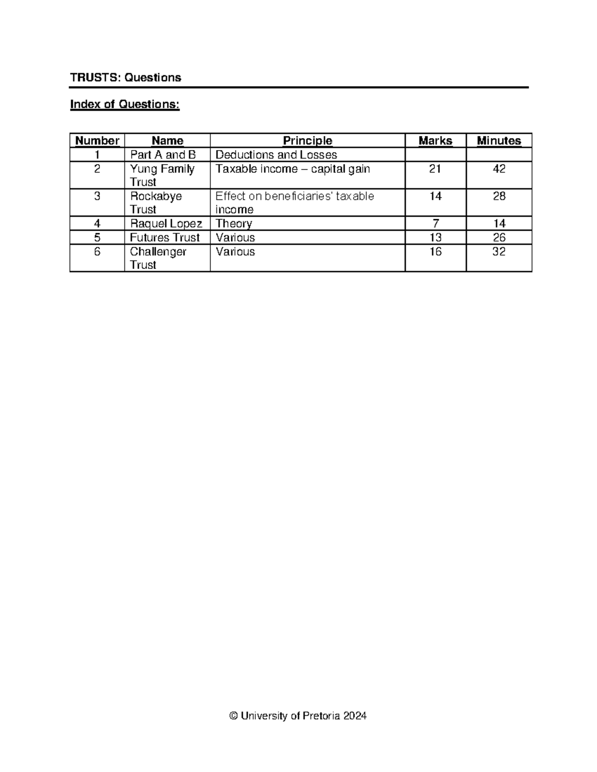 Trusts Questions 2024 - TRUSTS: Questions Index of Questions: Number ...