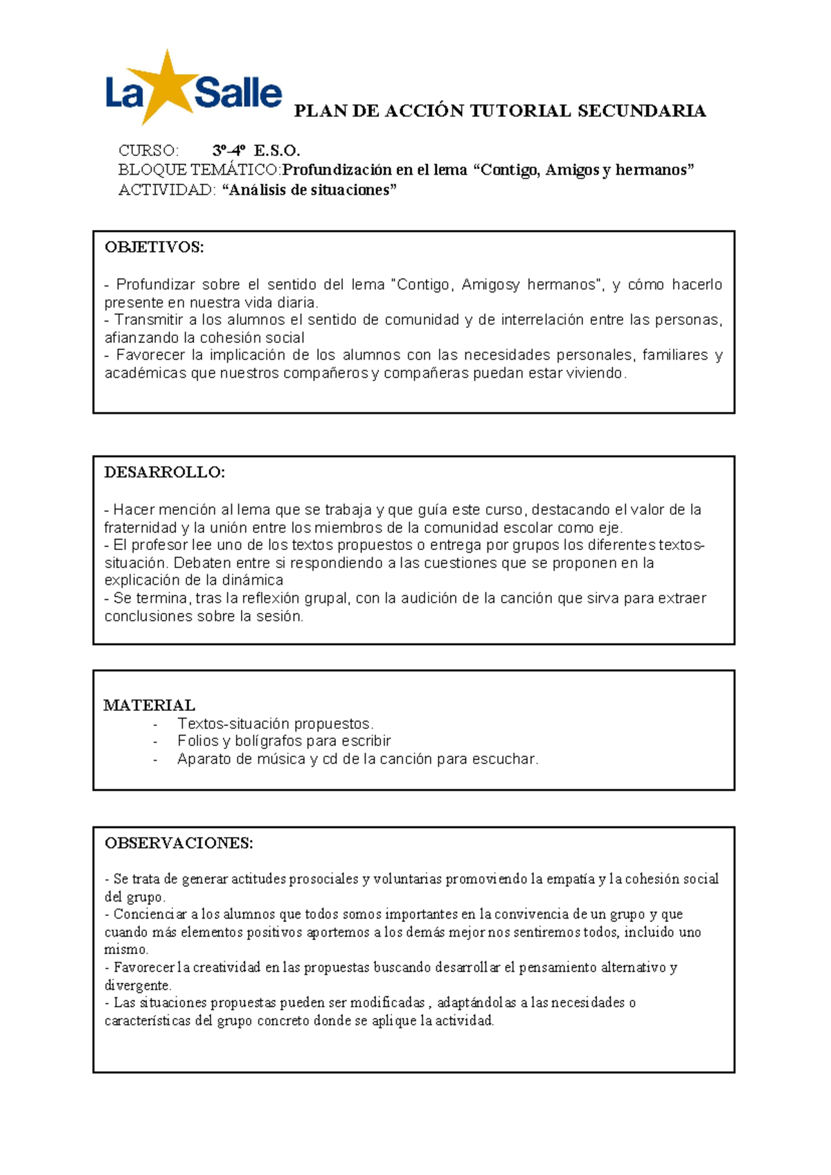 PLAN DE ACCI N Tutorial Secundaria - PLAN DE ACCIÓN TUTORIAL SECUNDARIA CURSO: 3º-4º E.S. BLOQUE ...