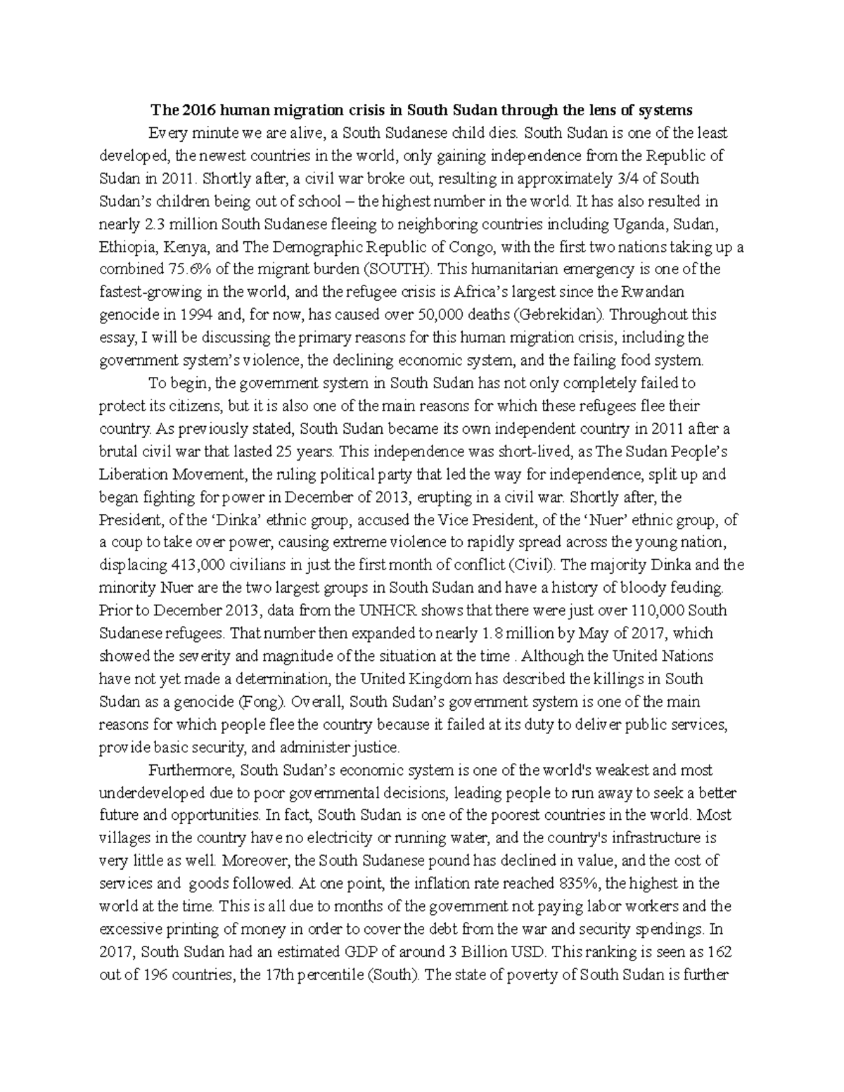 The 2016 human migration crisis in South Sudan through the lens of ...