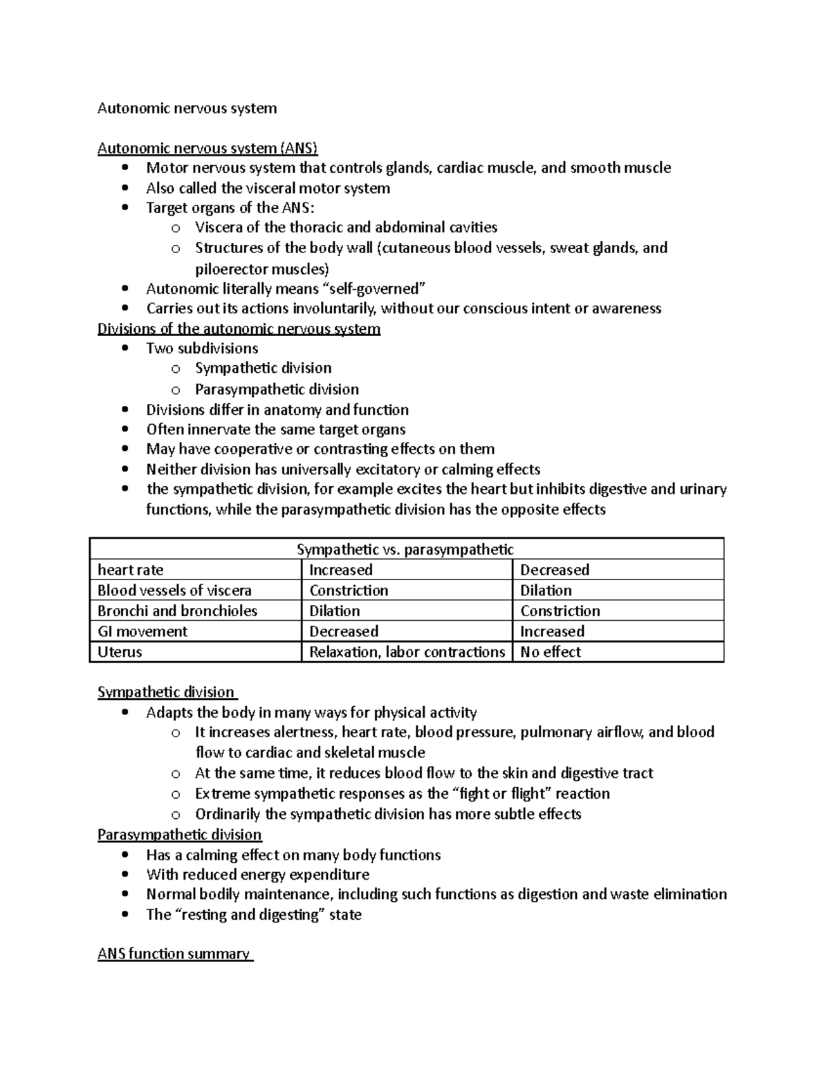 Exercise science ch 6 - ch 6 - Autonomic nervous system Autonomic ...