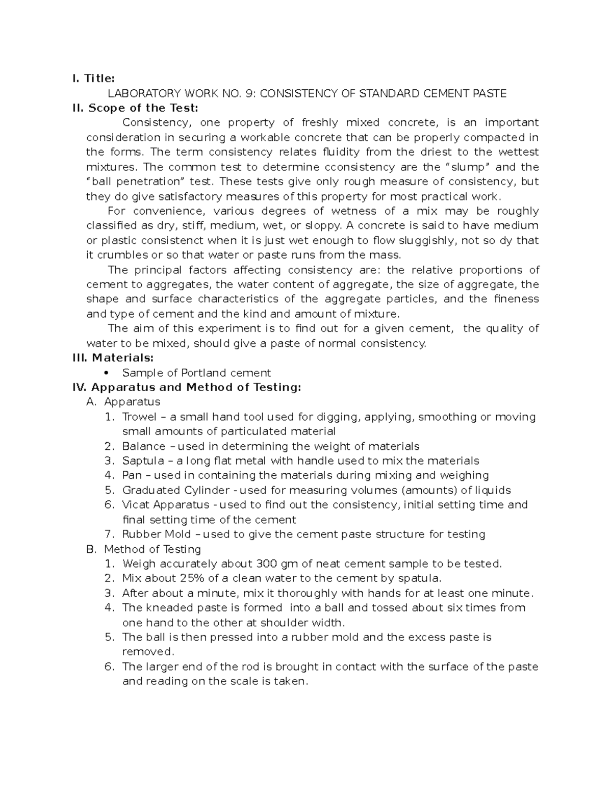 CMT - Lab. Rep. Consistency of Standard Cement Paste - I. Title ...