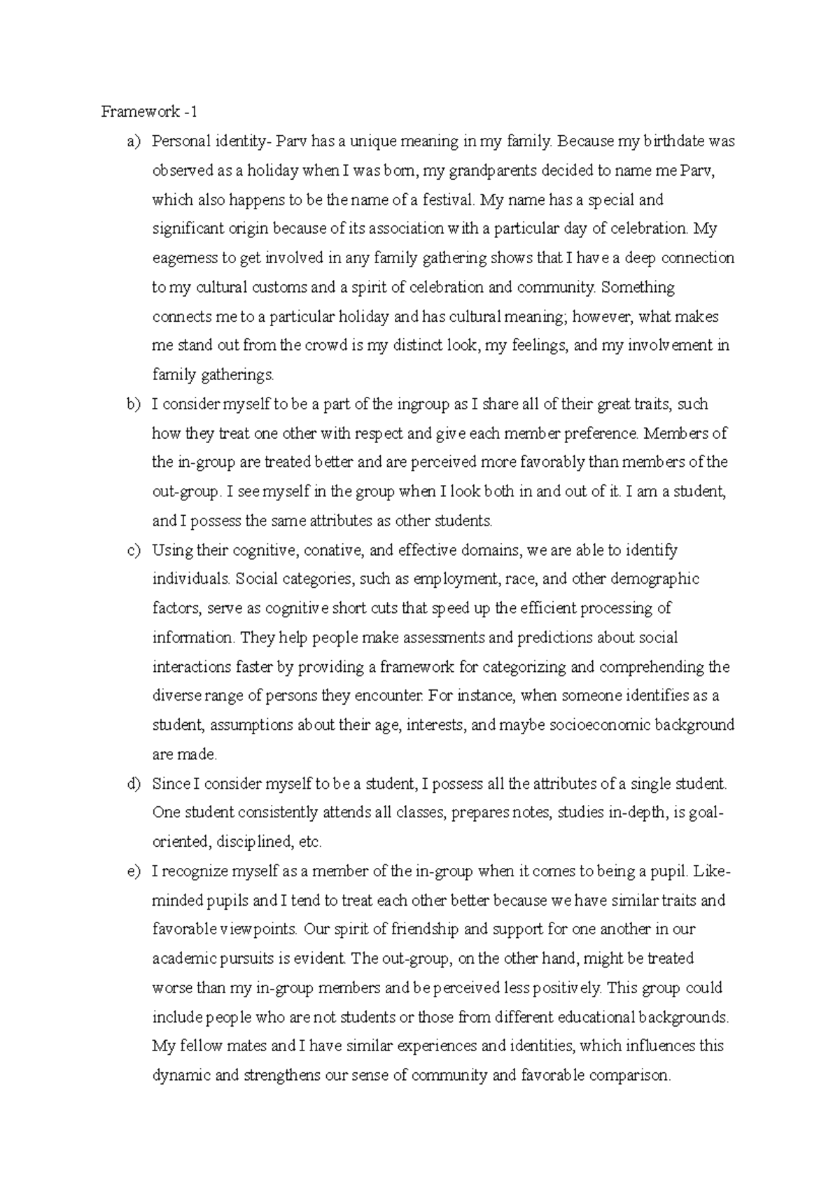 Business - Framework - a) Personal identity- Parv has a unique meaning ...