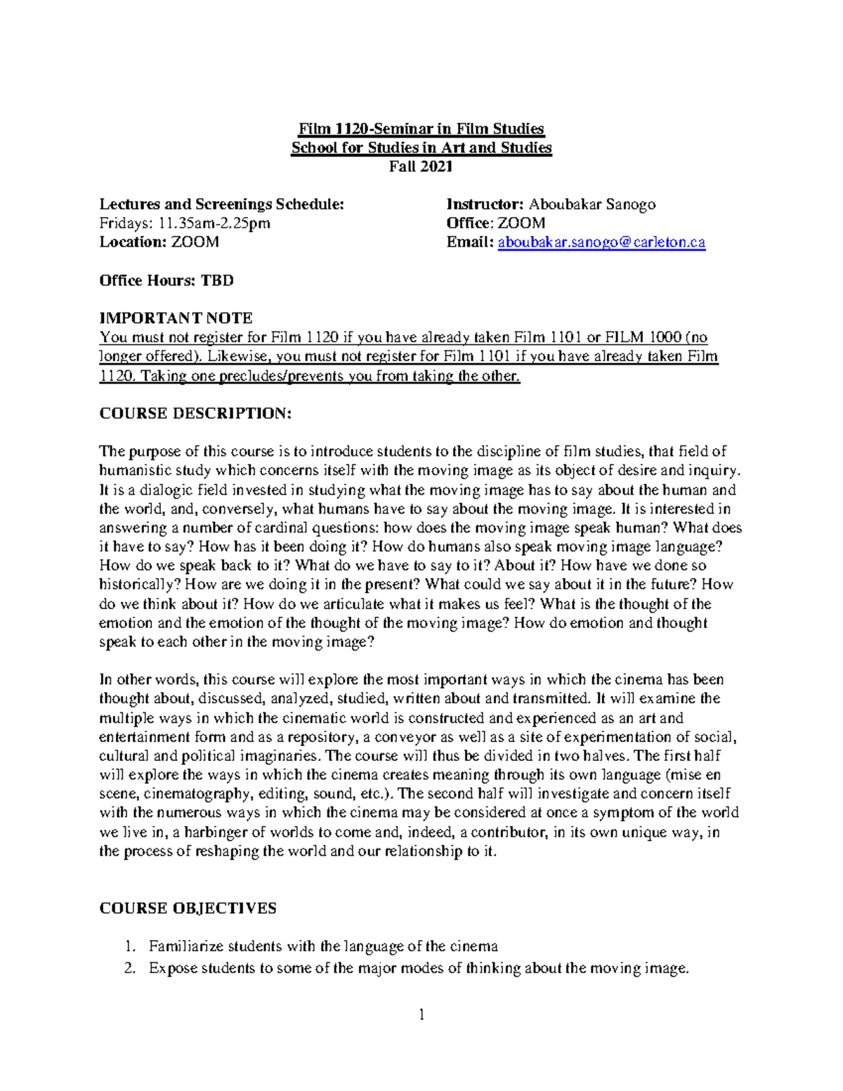 Syllabus FILM 1120 - Introduction TO FILM Studies Aboubakar Sanogo copy ...