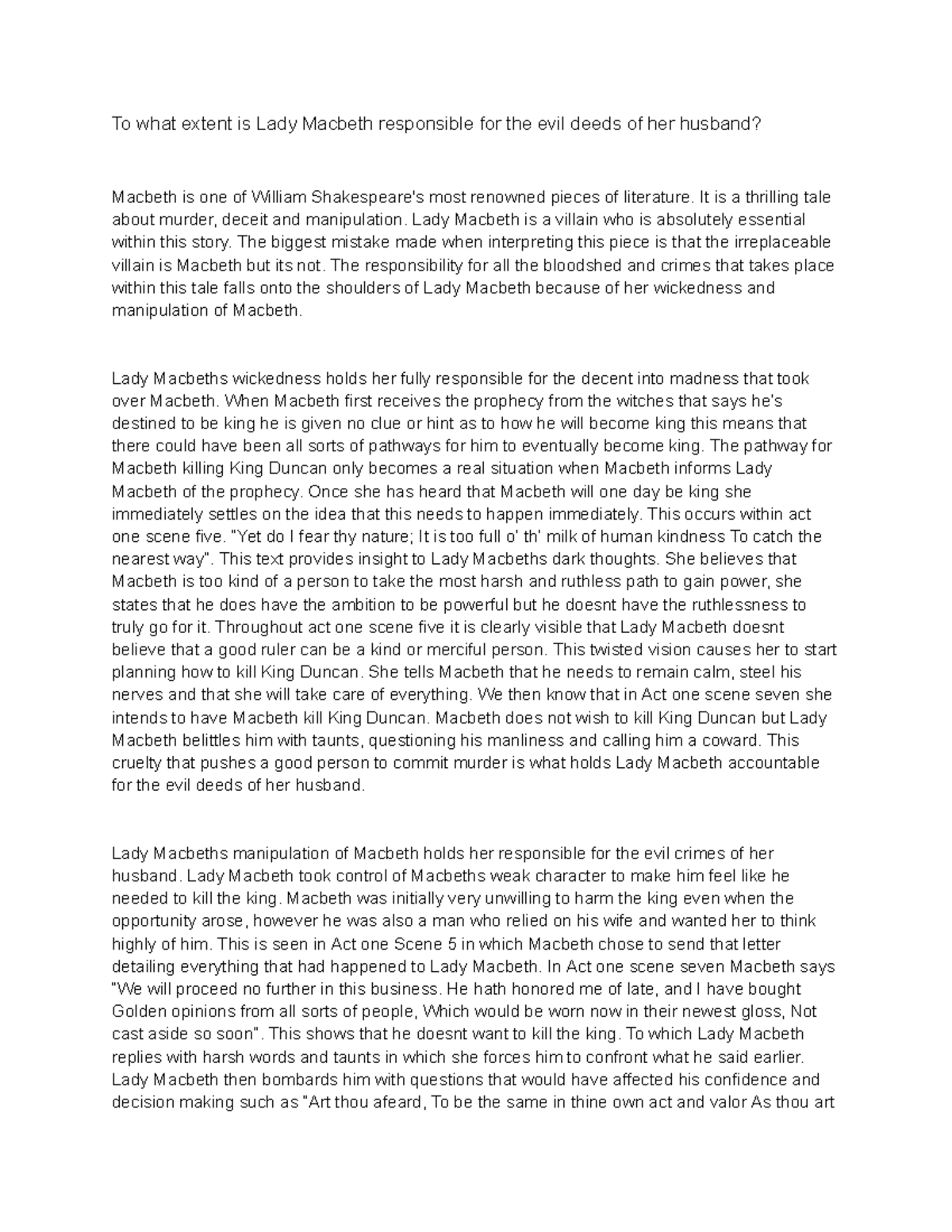 Macbeth work - To what extent is Lady Macbeth responsible for the evil ...