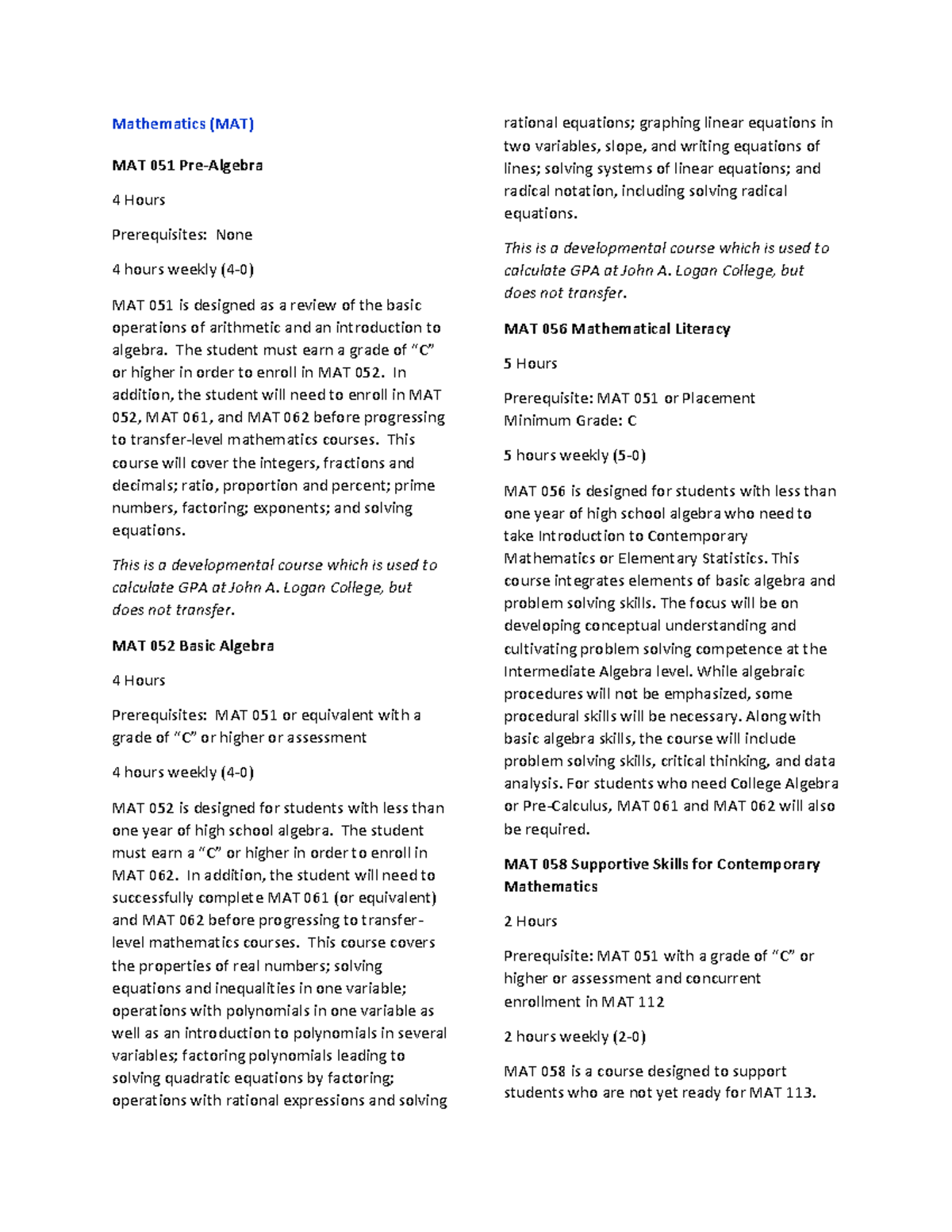 Mat mathematics - Mathematics (MAT) MAT 051 Pre-Algebra 4 Hours ...