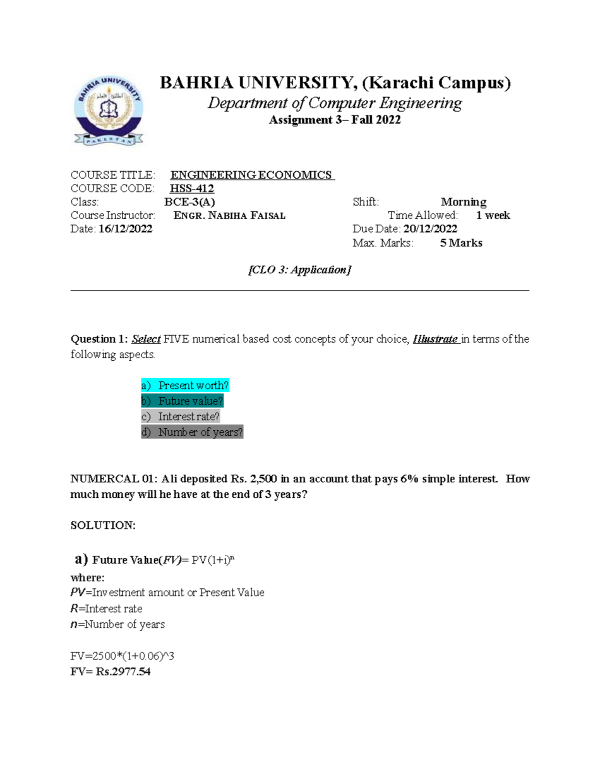 EECON Assign 03 - BAHRIA UNIVERSITY, (Karachi Campus) Department of ...