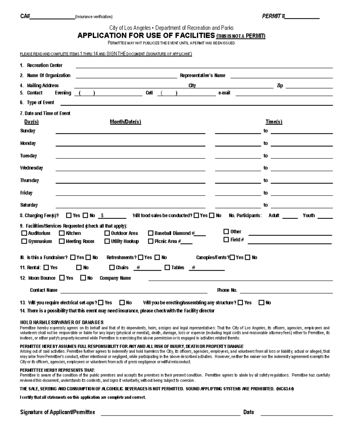 Picnic-permit-application - CA# (Insurance verification) PERMIT City of ...