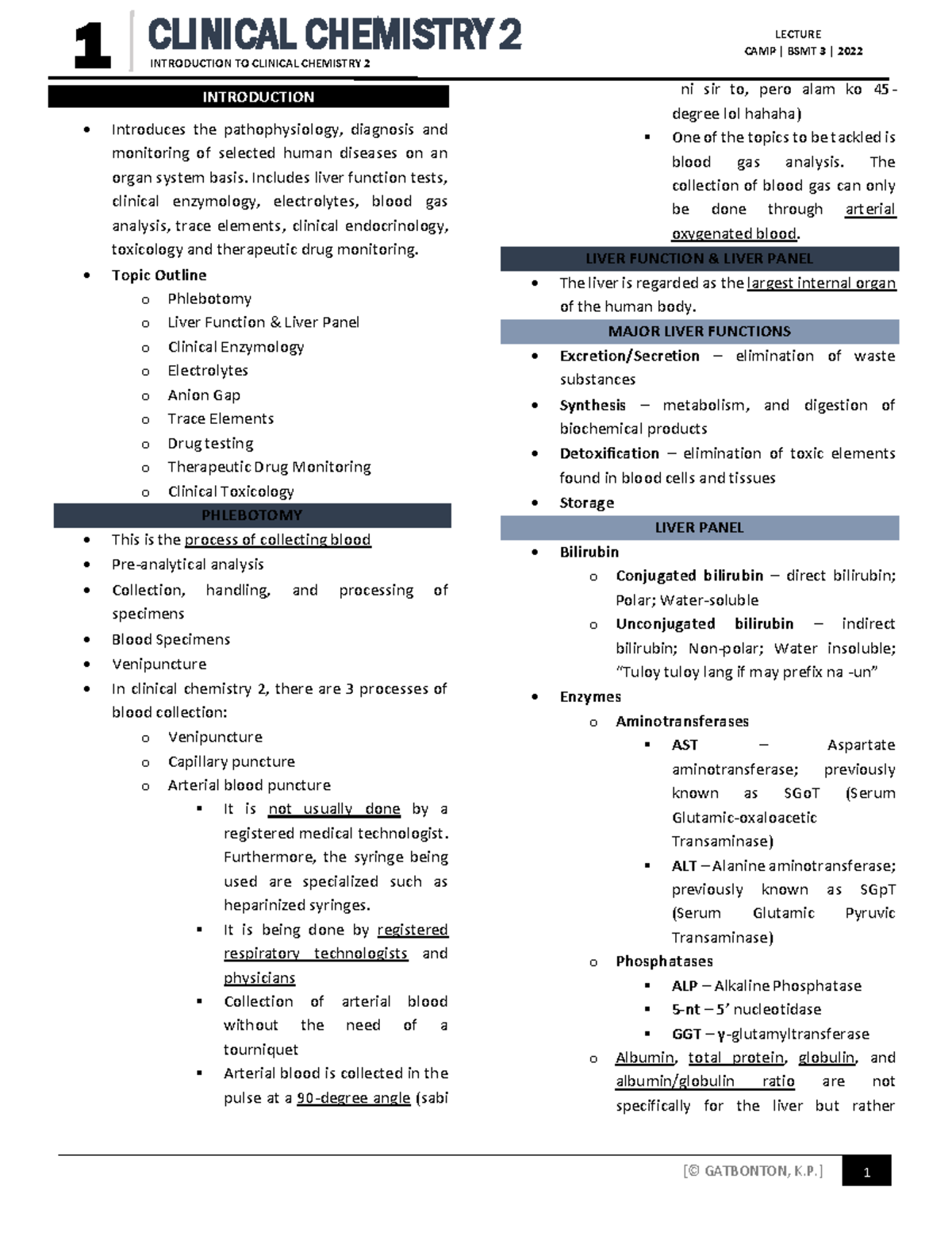 CC2-Lecture-Introduction TO CC2 - [© GATBONTON, K.] 1 1 INTRODUCTION TO CLINICAL CHEMISTRY 2 ...