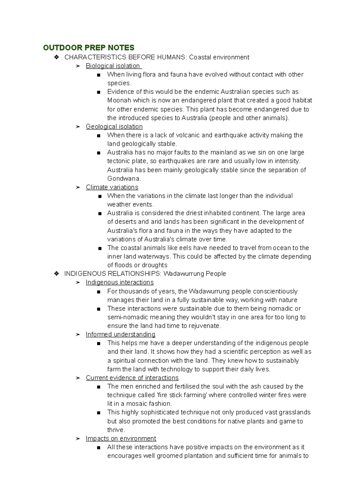 Outdoor PREP Notes - CHARACTERISTICS BEFORE HUMANS: coastal ...