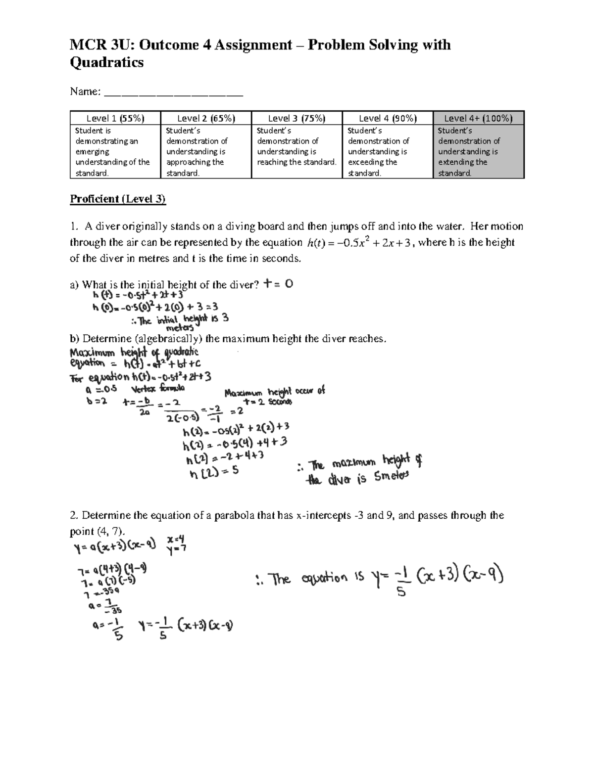 Outcome 4 - Problem Solving with Quadratics 240709 202031 - MCR 3U ...