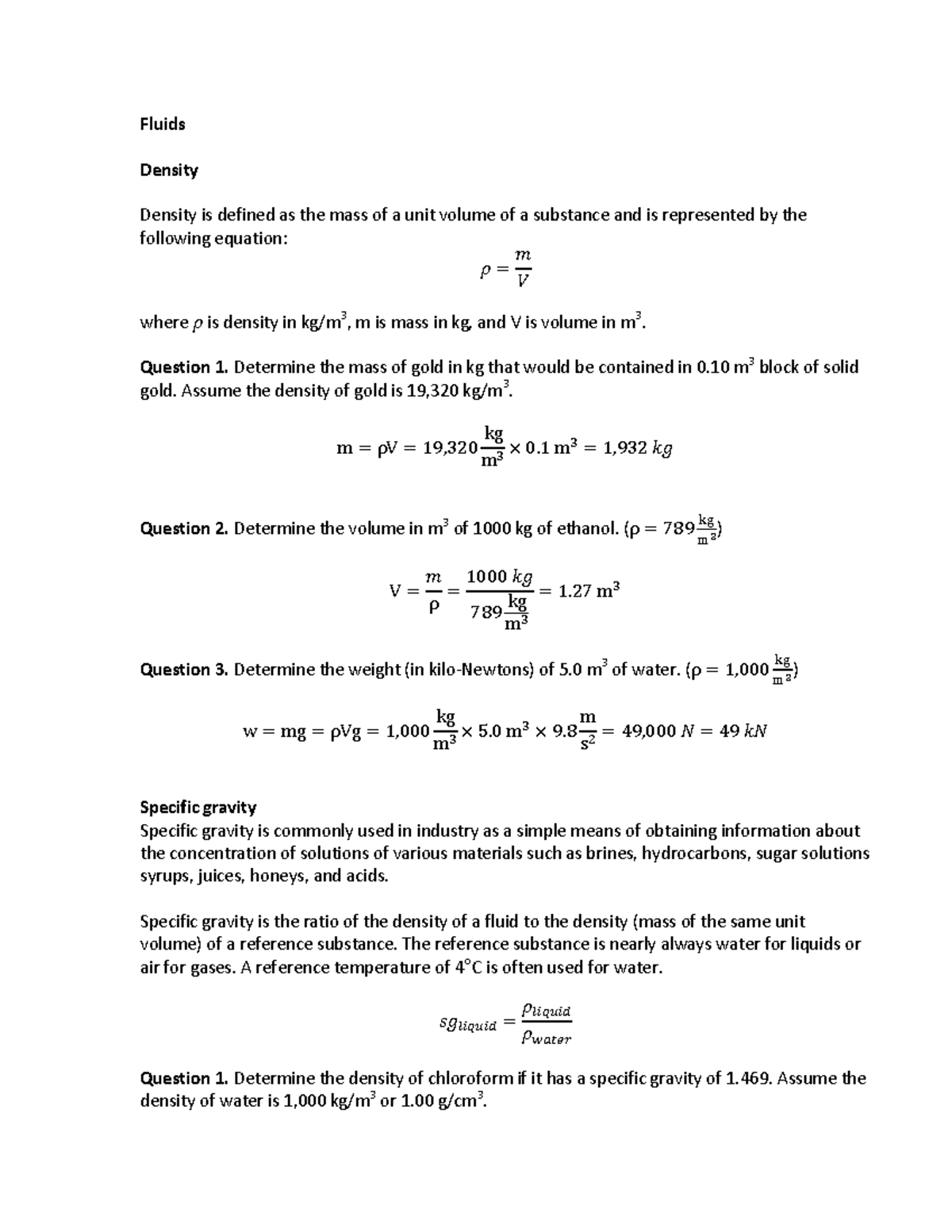 Fluids Handout Full Solutions - Fluids Density Density is defined as ...