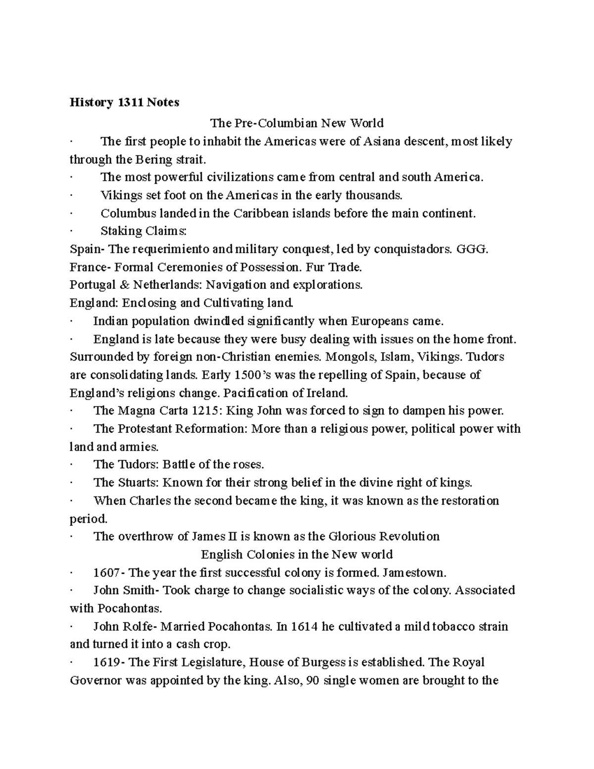 US HIST - Final Review - History 1311 Notes The Pre-Columbian New World ...