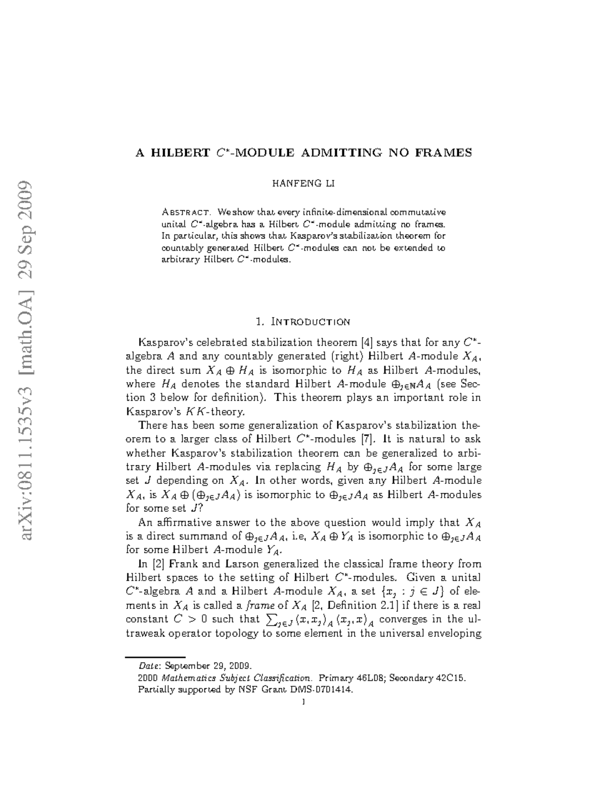 0811 - Cours - arXiv:0811 [math] 29 Sep 2009 A HILBERT C∗-MODULE ...