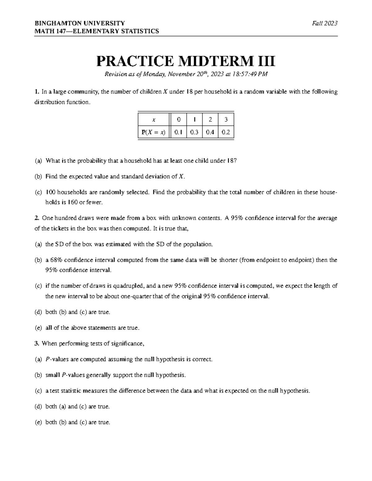 practice midterm 3 - BINGHAMTON UNIVERSITY MATH 147—ELEMENTARY STATISTICS Fall 2023 PRACTICE ...