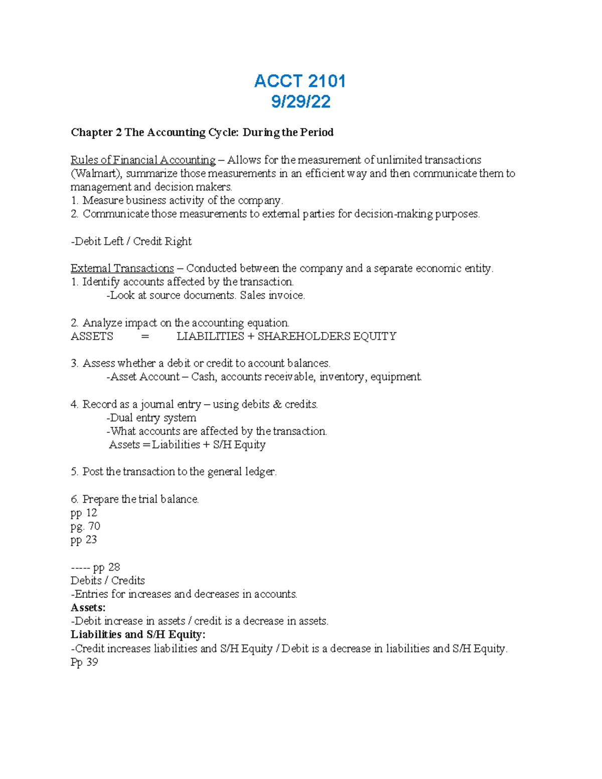 2101 Class Notes Ch2 - Tagged - ACCT 2101 9/29/ Chapter 2 The ...