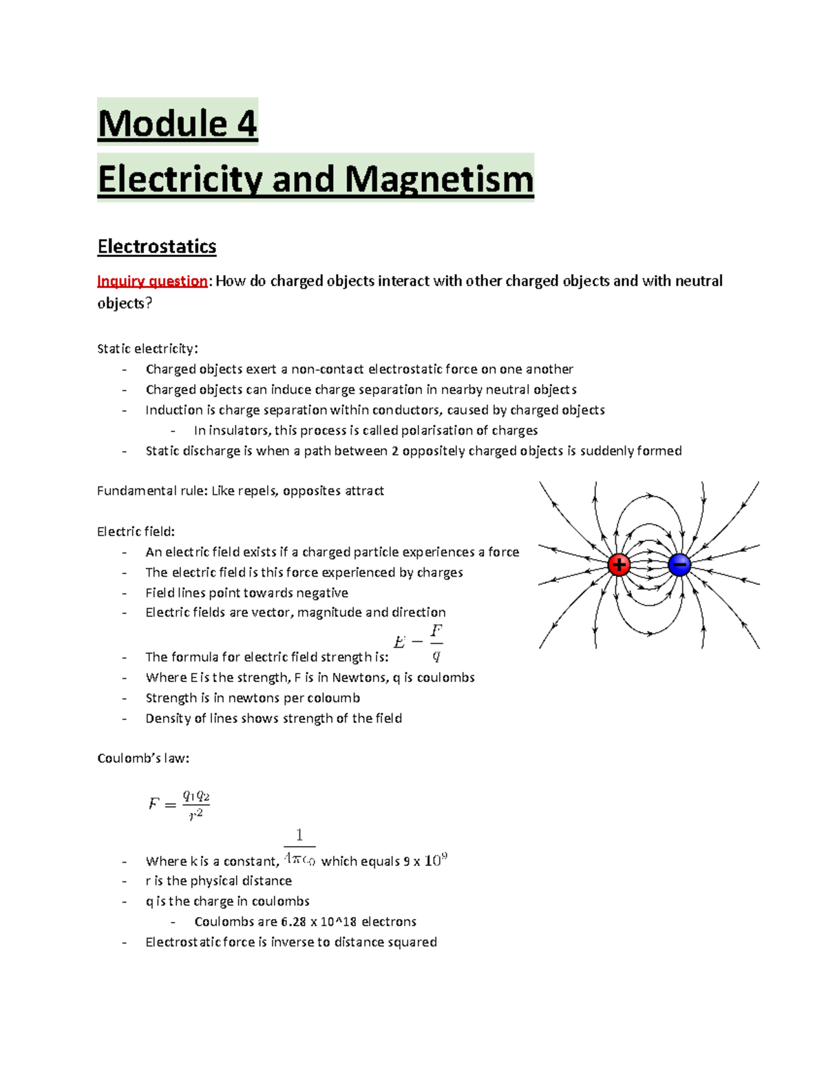 Preliminary Physics Module 4 Notes - Module 4 Electricity and Magnetism ...