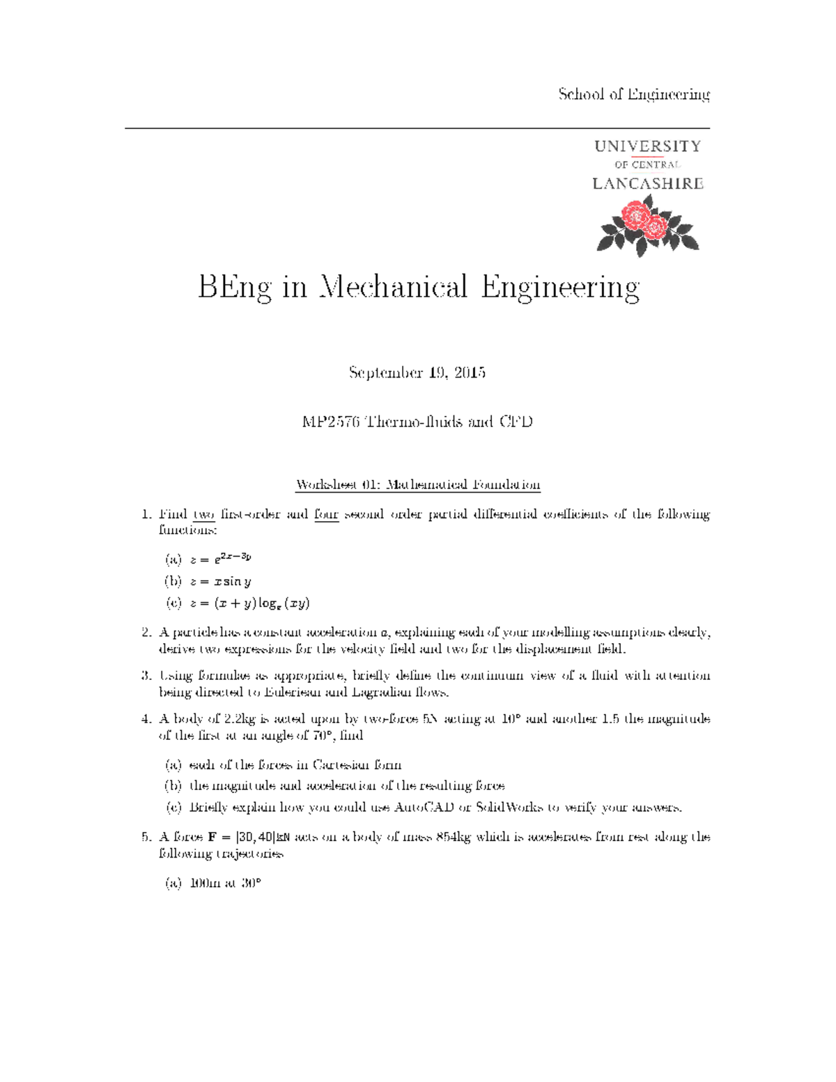 Mechanical Engineering Worksheet: Mathematical Foundation and Fluid ...