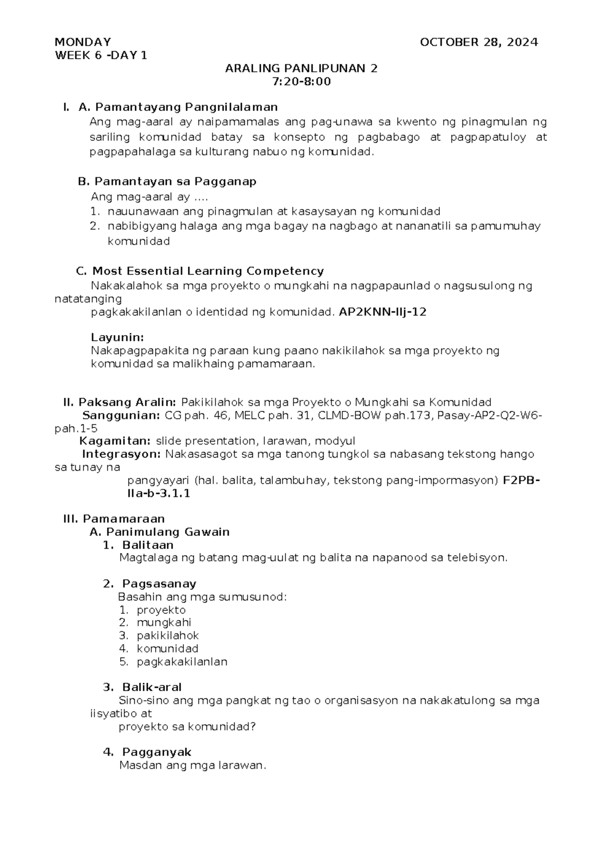 AP Q2 WEEK 6 - LESSON PLAN - MONDAY OCTOBER 28, 2024 WEEK 6 -DAY 1 ...