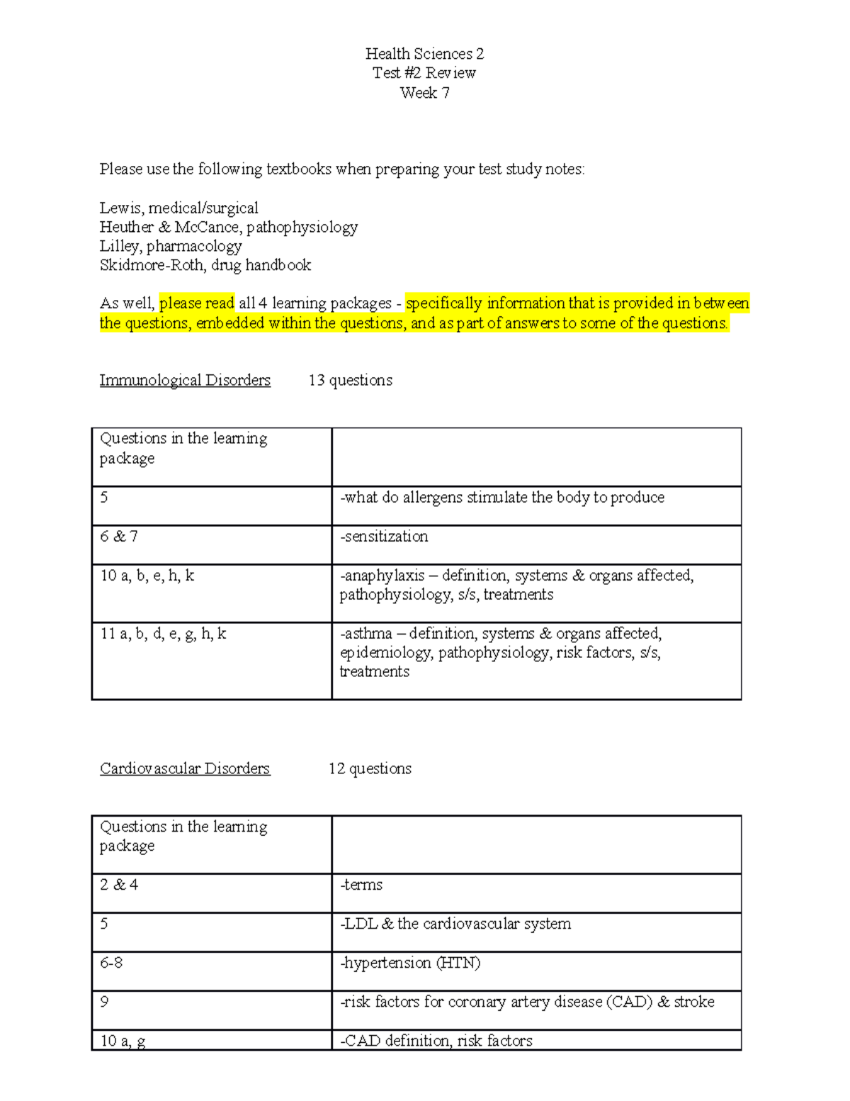 Test -HS2Test#2Review - Health Sciences 2Test #2 Review Week 7 Please ...