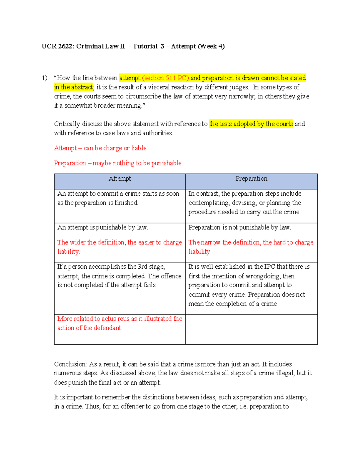 UCR 2622 Tutorial Week 4 (Tutorial 3) - UCR 2622: Criminal Law II - Tutorial 3 – Attempt (Week 4 ...