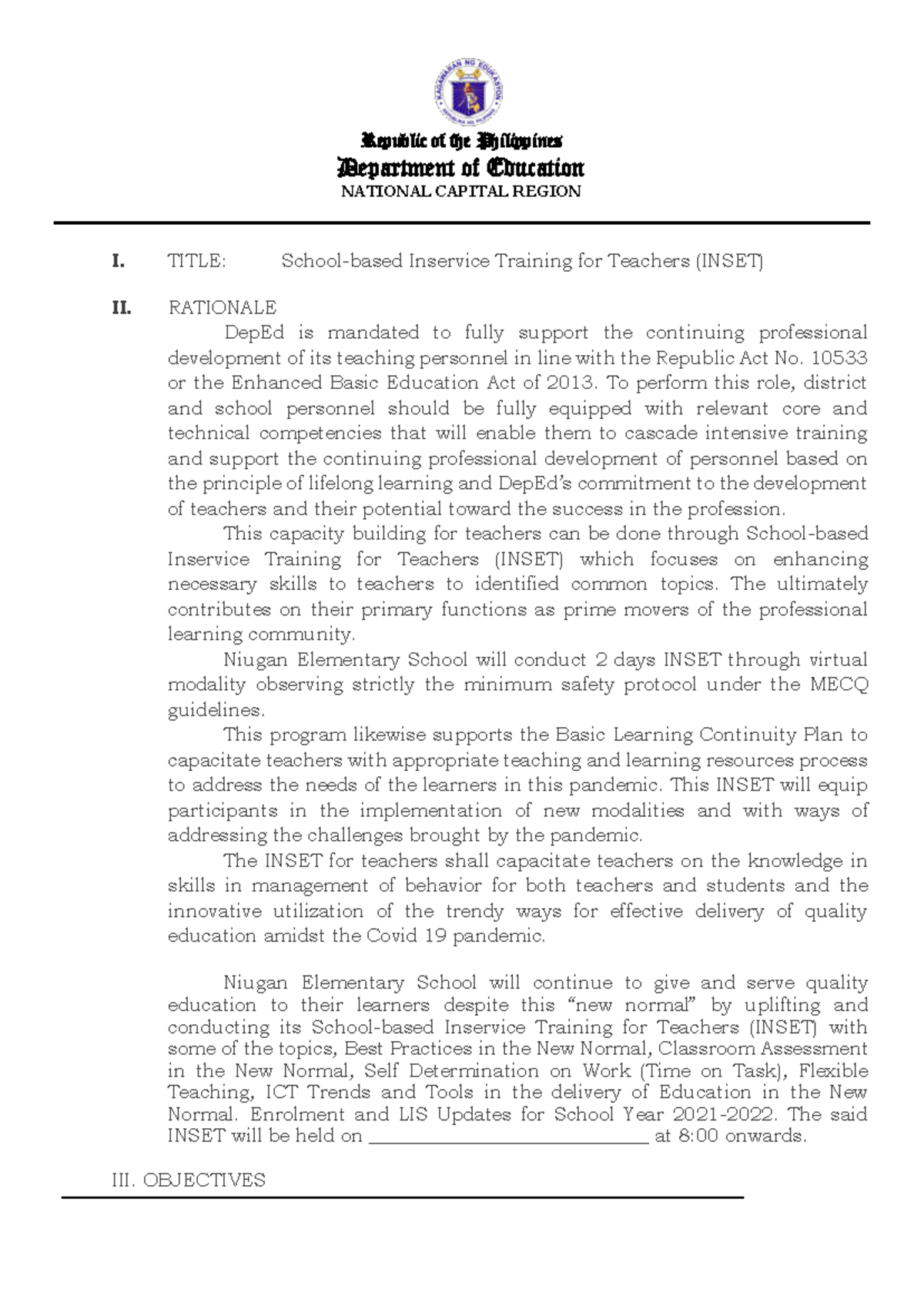 School-based Inservice Training for Teachers ( Inset) - Department of ...