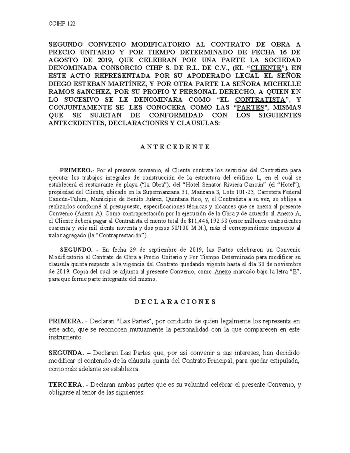 Ccihp-122 michelle - CCIHP 122 SEGUNDO CONVENIO MODIFICATORIO AL ...