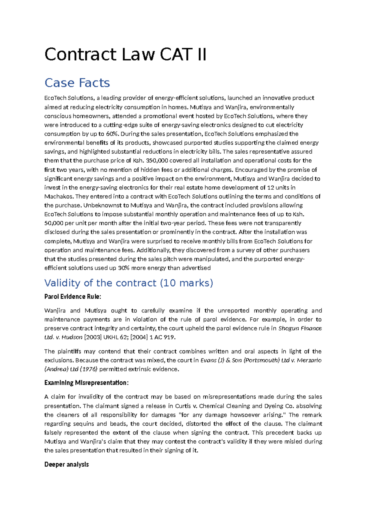 Contract Law CAT II - Good notes - Contract Law CAT II Case Facts ...