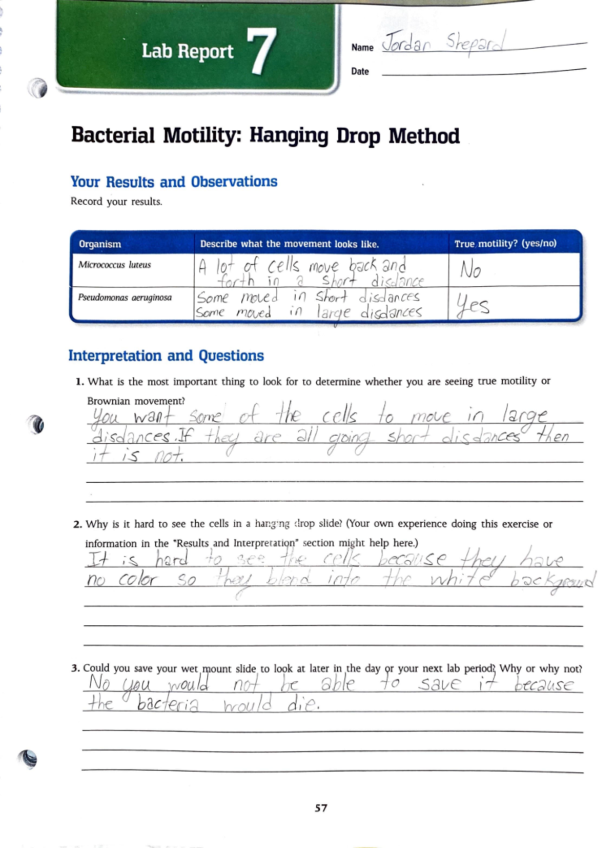 Jordan Shepard - Lab 7 - Lab - LabReport 7 Name Date Bacterial Motility ...