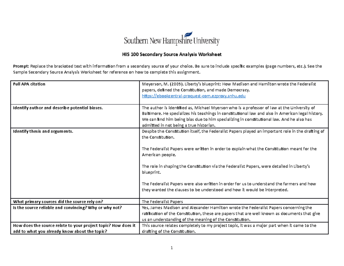 HIS 100 Secondary Source Analysis Worksheet - HIS100 - SNHU - Studocu
