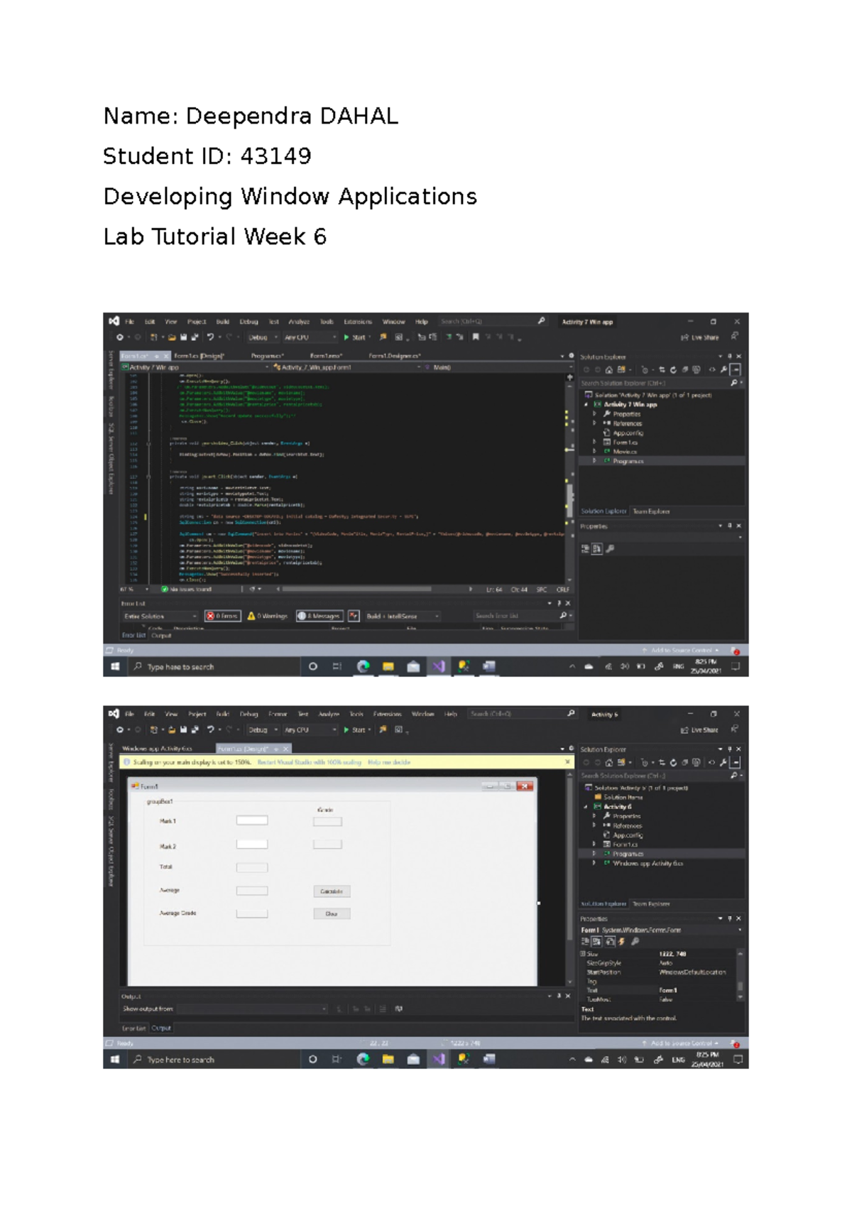 Development windows application - Name: Deependra DAHAL Student ID ...
