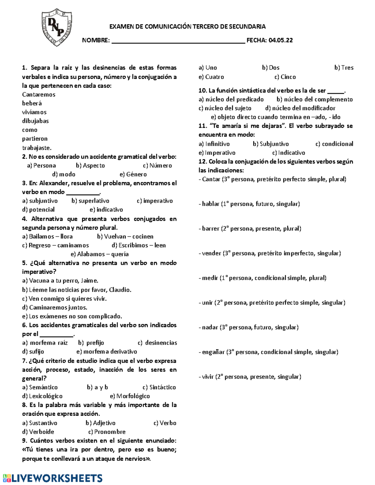 El Verbo 3ro Plan Examen De ComunicaciÓn Tercero De Secundaria