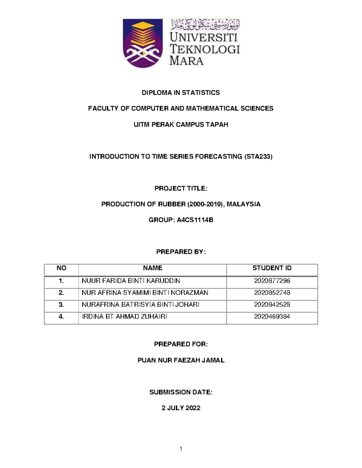 STA 233 Group Project - STA233 - DIPLOMA IN STATISTICS FACULTY OF ...