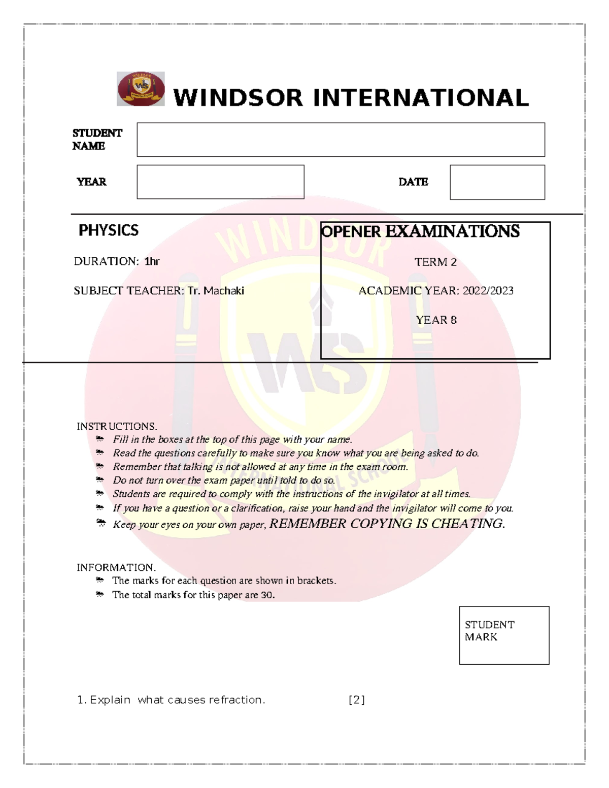 Year 8 physics - WINDSOR INTERNATIONAL INSTRUCTIONS. Fill in the boxes ...