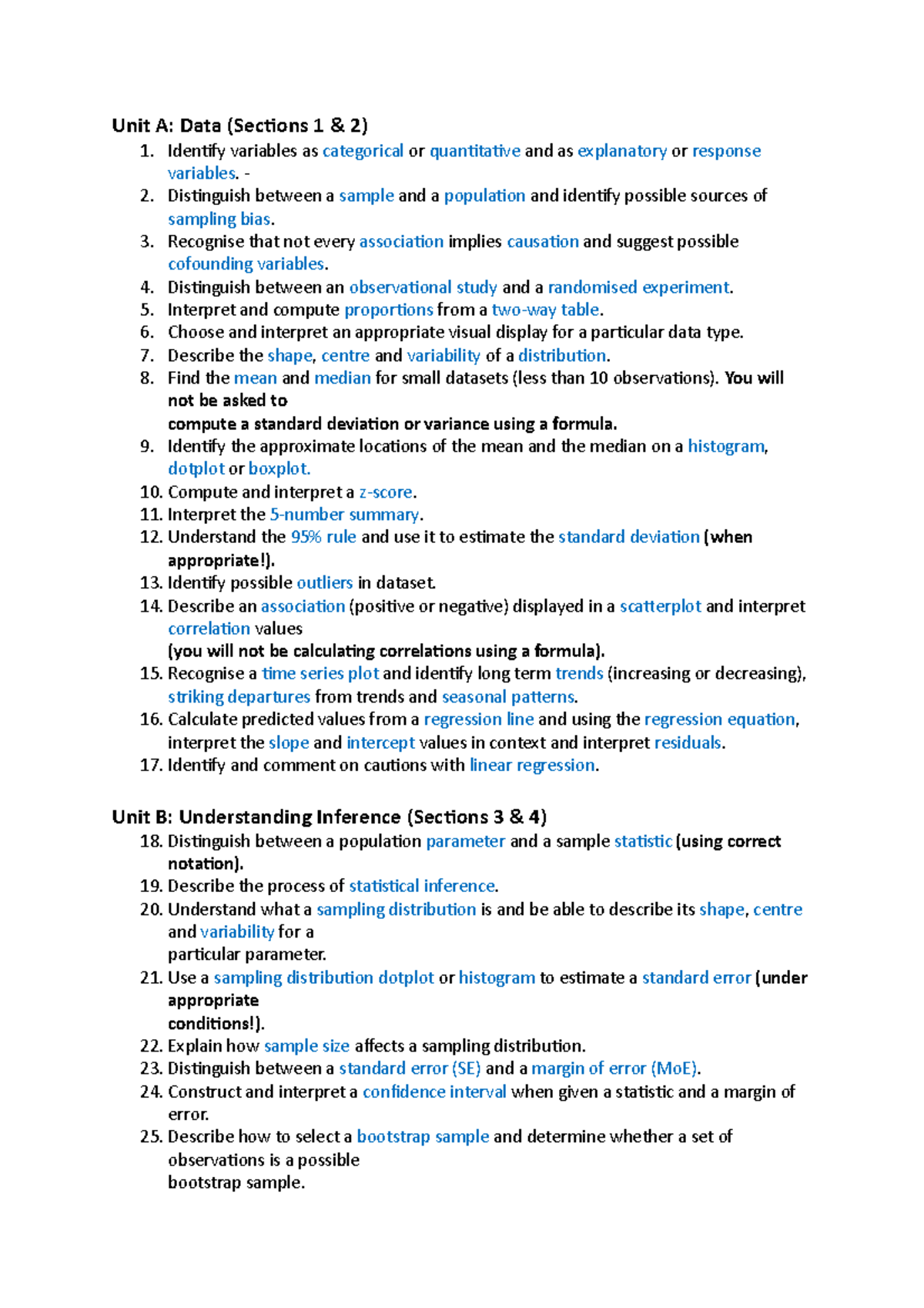 Final Exam Prep - Unit A: Data (Sections 1 & 2) Identify variables as ...