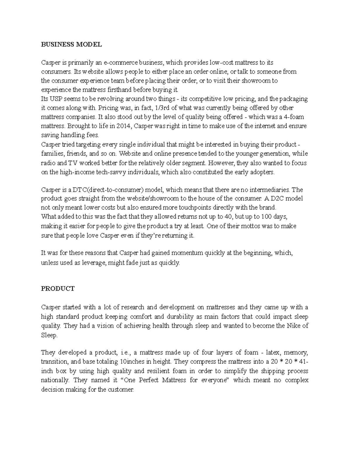 Market Research and Planning - Casper Case Analysis - BUSINESS MODEL ...