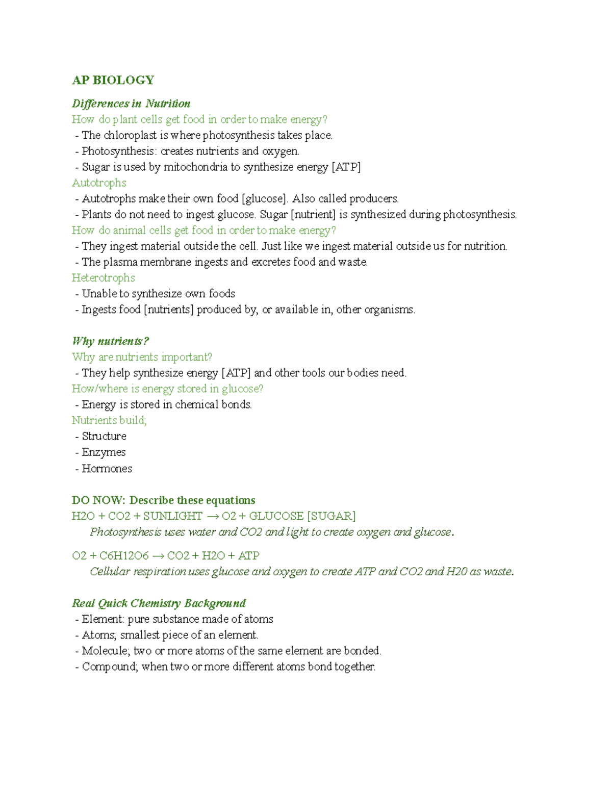Ap bio notes - AP BIOLOGY Differences in Nutrition How do plant cells ...