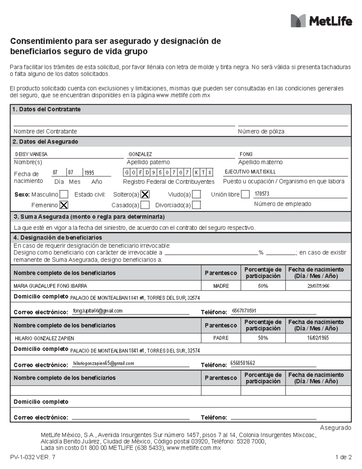 Formato Editable Met Life - Consentimiento para ser asegurado y ...